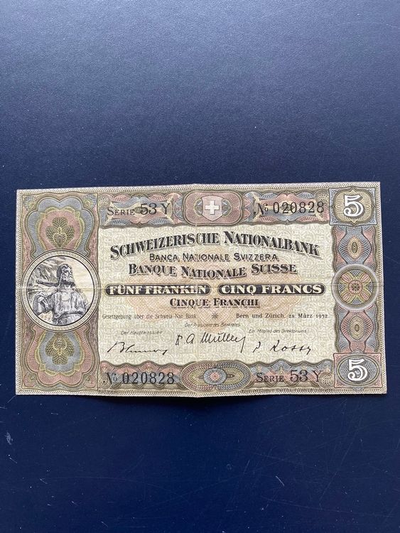 5 Fr. Note "Wilhelm Tell" der Schweiz. Nationalbank 1952 (Gebraucht) in ...