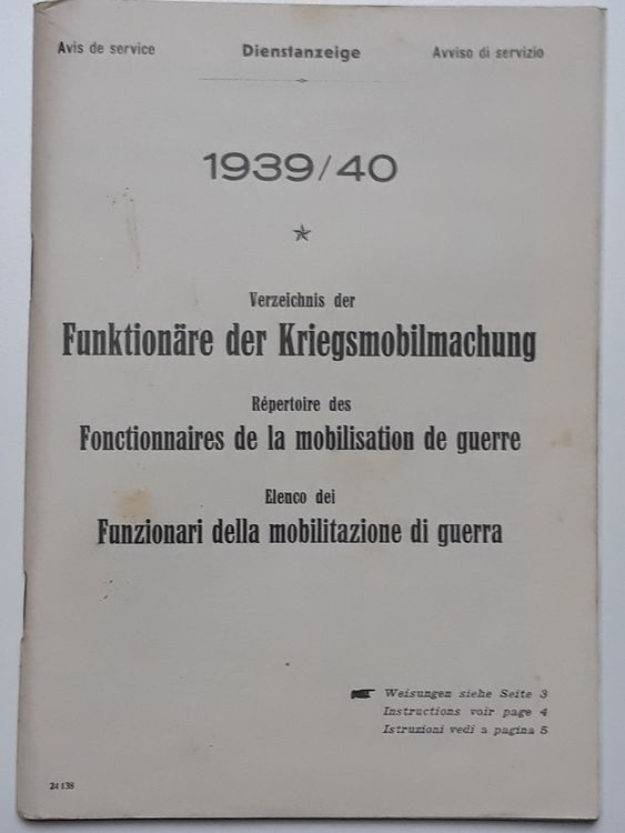 Verzeichnis der Funktionäre der K-Mob 1939/40 (Gebraucht) in Bilten für ...