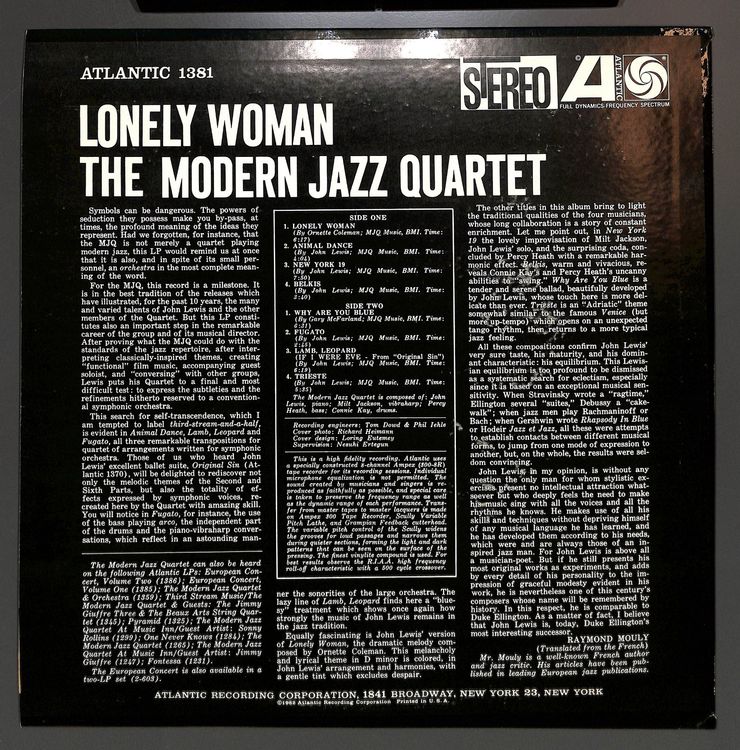 LONELY WOMAN – THE MODERN JAZZ QUARTET – Atlantic 1381 (Neu (gemäss ...