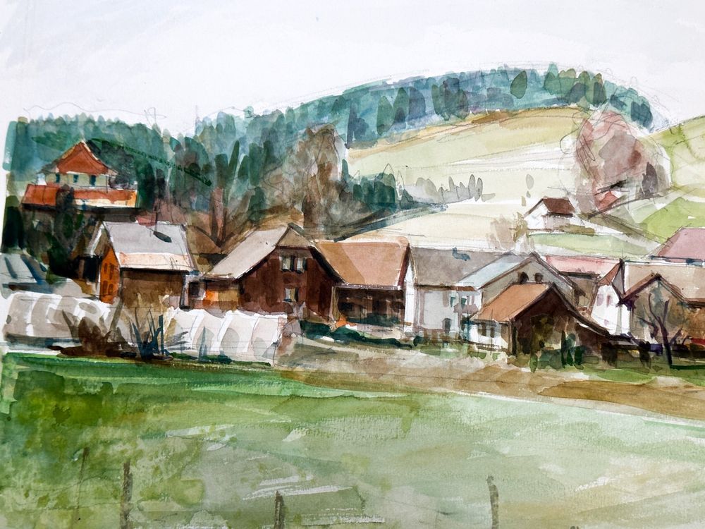 Christoph R. Aerni 1990 Aquarelle sur carton paysage village (Gebraucht) in Morges für CHF 100 ...