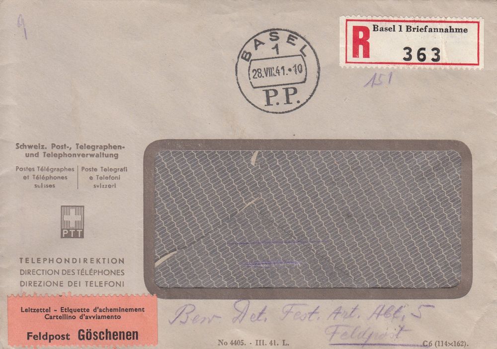 Einschreiben mit Leitzettel Feldpost Göschenen (Gebraucht) in Bürglen TG für CHF 5 – mit ...