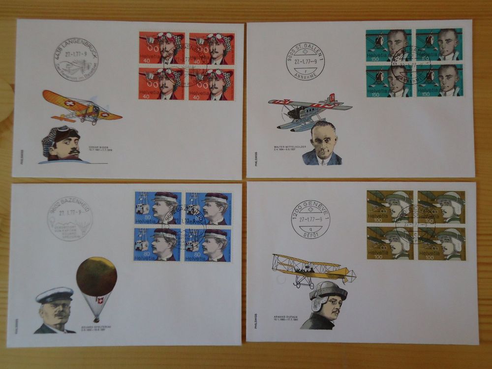 FDC (4) 1977 Flugpioniere 4er Block mit Ortsstempel (Neu (gemäss Beschreibung)) in Belp für CHF ...