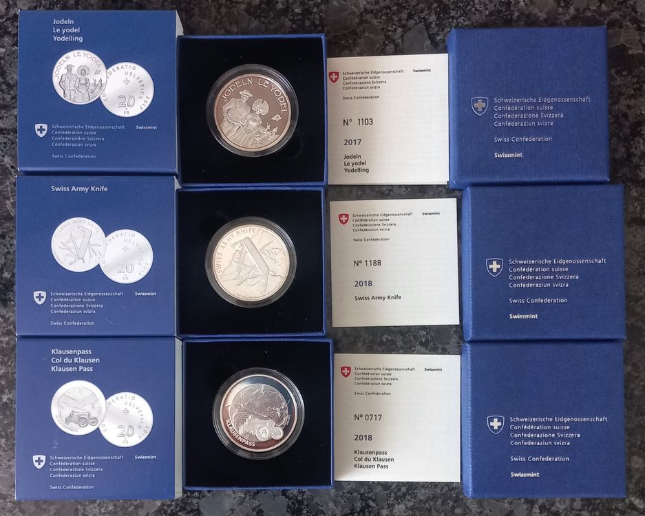 3× 20 Franken Gedenkmünze 2017,2018, Swiss Mint Silber pp (Neu und originalverpackt) in Wattwil ...
