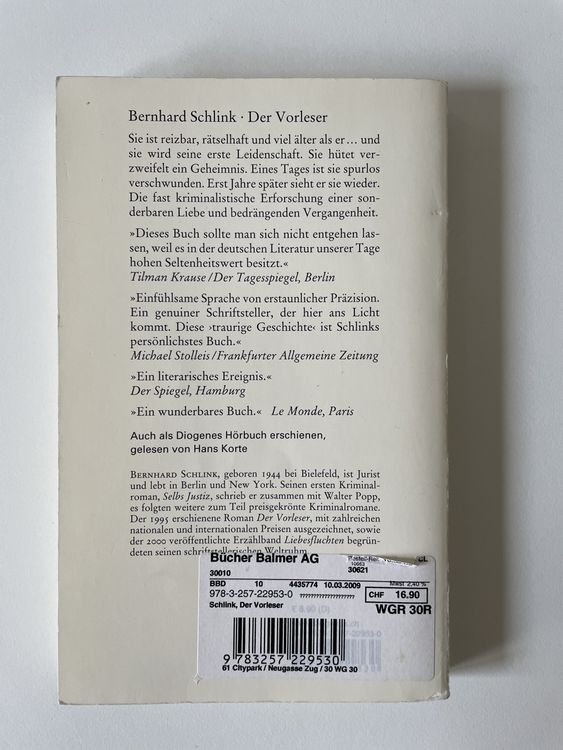Bernhard Schlink - Der Vorleser, Roman Diogenes (Gebraucht) in ...