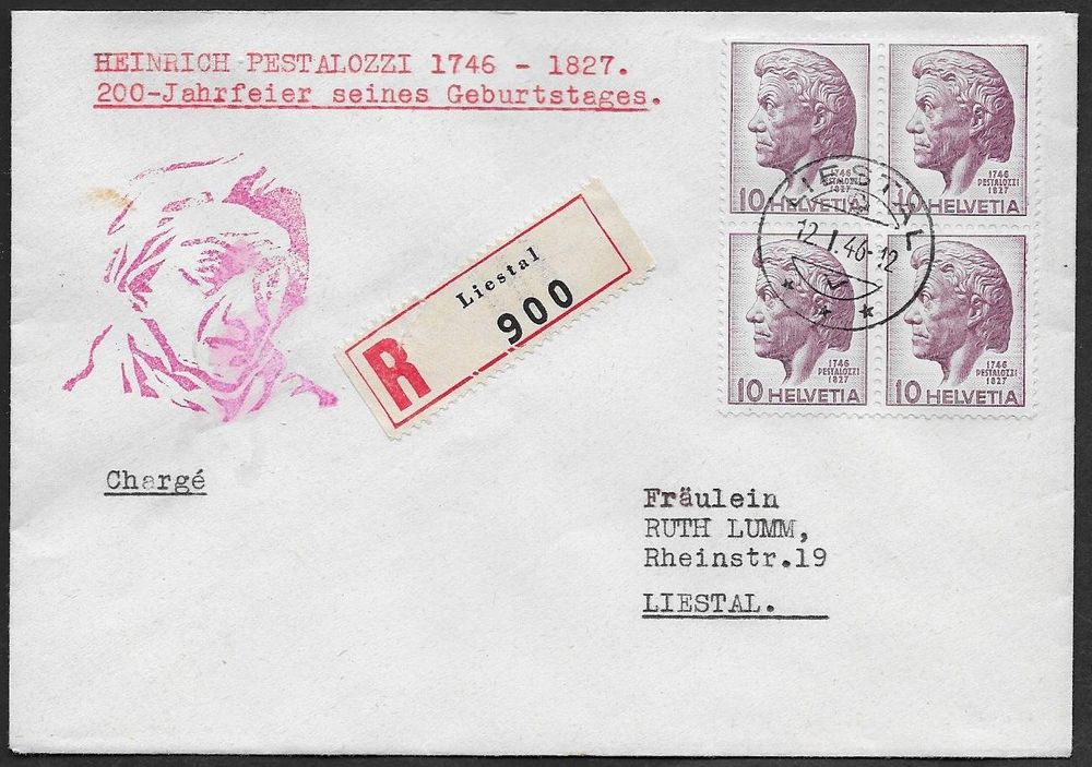 1946 R/FDC illust. LIESTAL Pestalozzi 4erBlock ET-o ab 1.- (Gebraucht) in Zürich für CHF 9 – mit ...