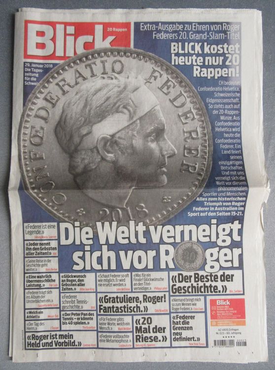 Blick Extra-Ausgabe zu Ehren Roger Federers 20.Grand-Slam | Kaufen auf ...