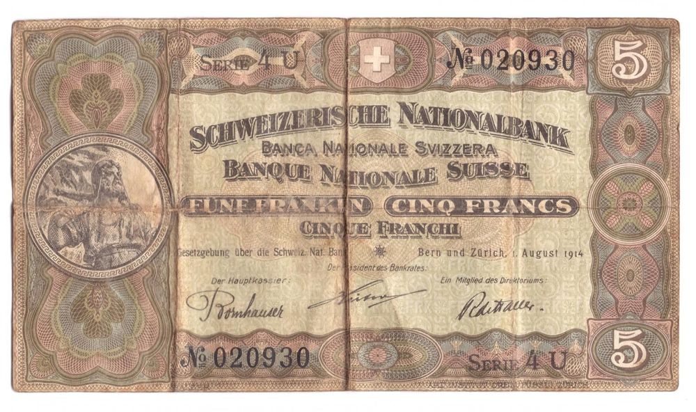 Schweiz Bund 5 Fr. Tell 1914 Banknote (Gebraucht) in Liestal für CHF 100 – mit Lieferung auf ...