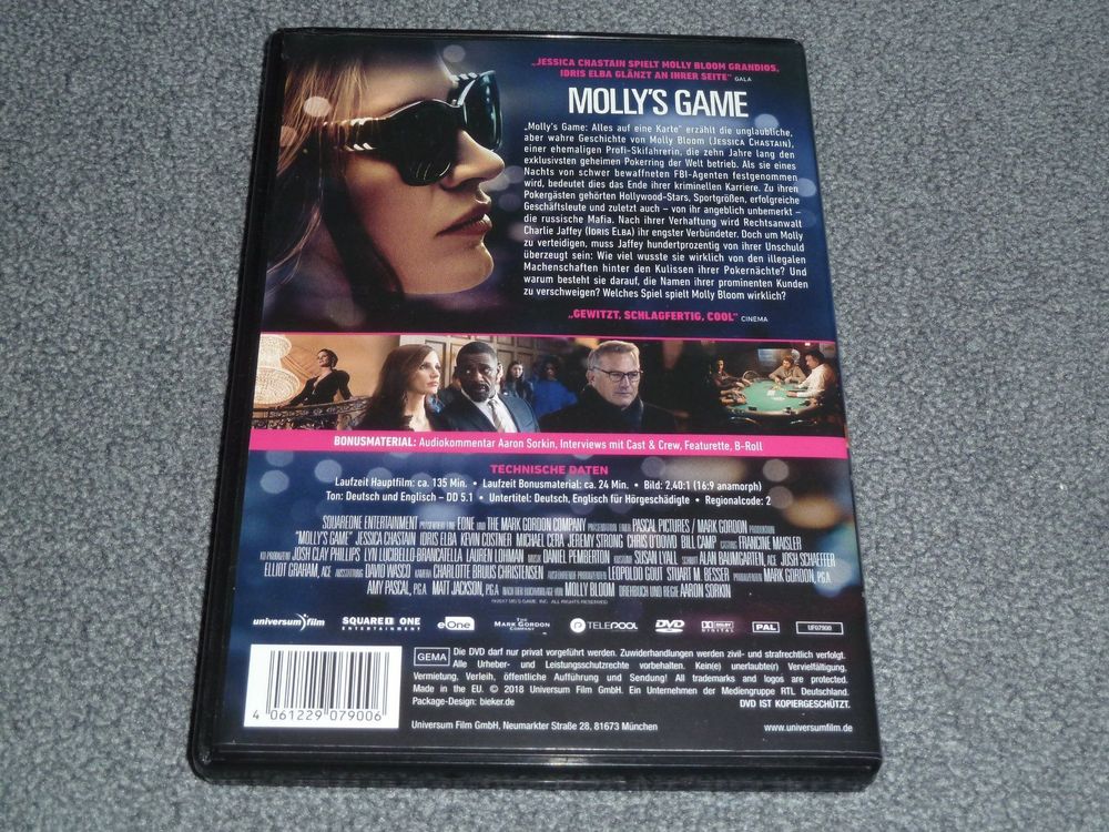 DVD "Molly's Game" Alles auf eine Karte - wahres Krimi/Drama (Usato) a ...