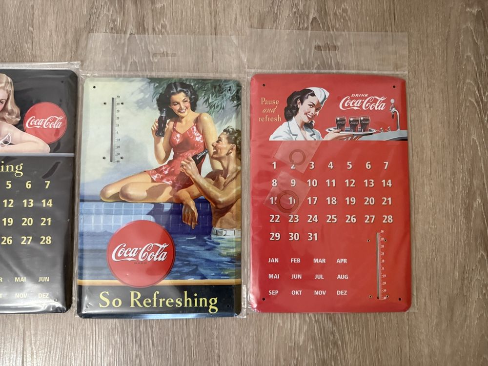 3× Coca-Cola Metall Kalender mit Thermometer (Neu und originalverpackt ...