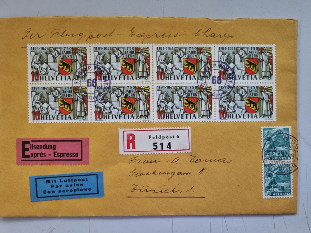 1941 : Flugpost Express R-Brief - Feldpost Stempel (Gebraucht) in Gümligen für CHF 69 – mit ...