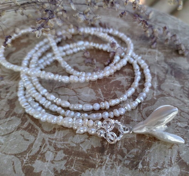 Lange Perlen-Kette mit Silber-Schneeglöckchen | Kaufen auf Ricardo