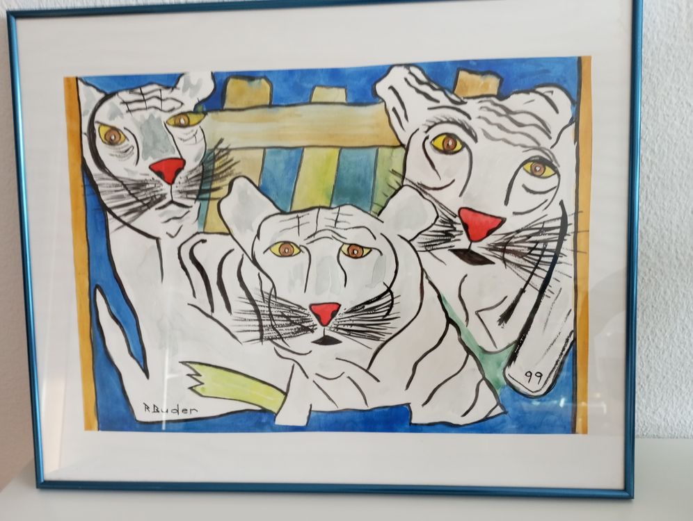 Aquarell "Weisse Tiger", R.Buder, gerahmt. (Gebraucht) in Allschwil für CHF 49 – nur Abholung ...