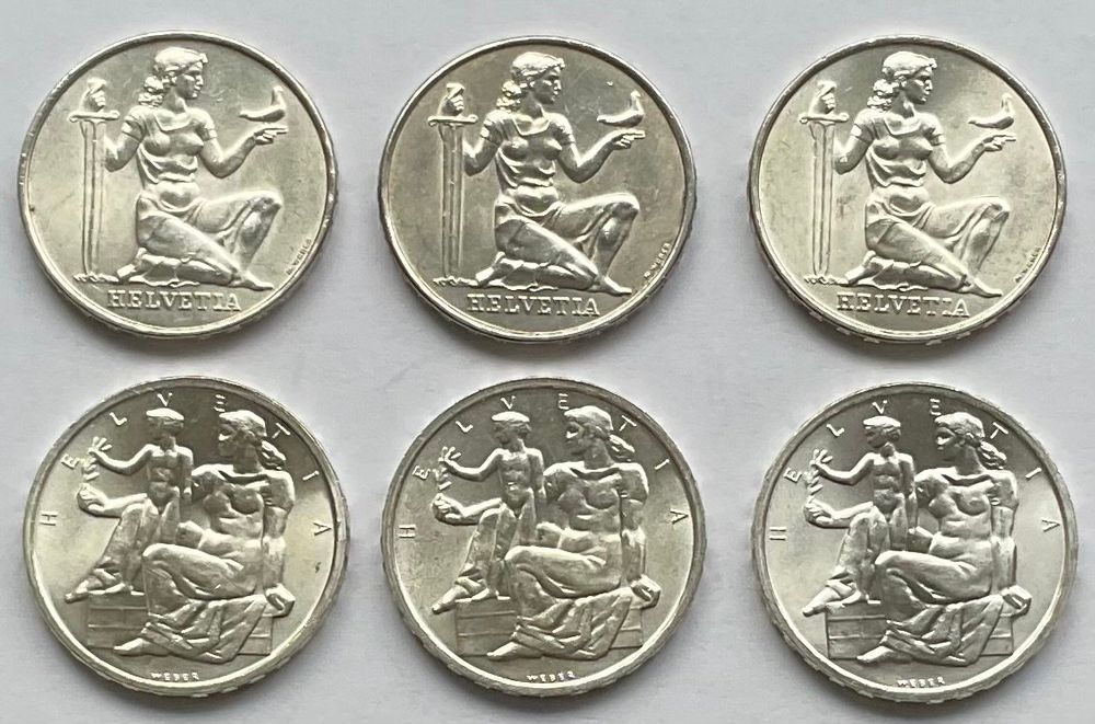 6 schöne Schweizer Silber 5 Franken-Gedenkmünzen 1936/1948 (Gebraucht) in Zürich für CHF 63 ...