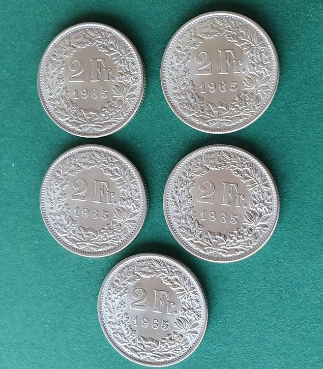 5 Stück Zweifränler 1965 unzirkuliert und mit Stempelglanz | Kaufen auf Ricardo