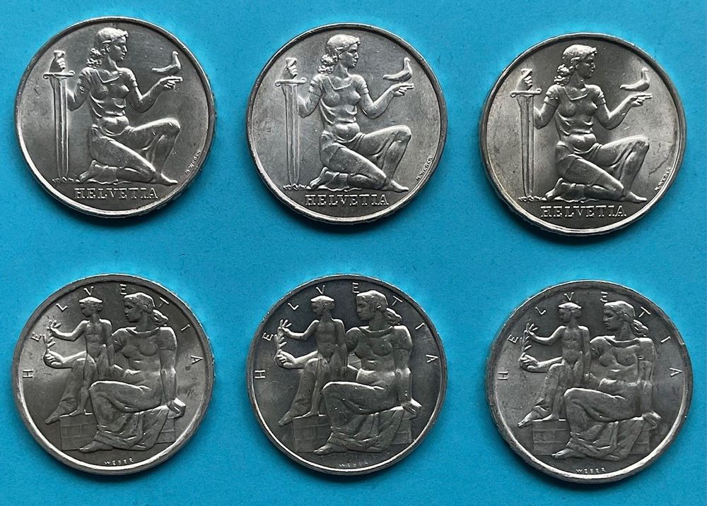 6 schöne Schweizer Silber 5 Franken-Gedenkmünzen 1936/1948 (Gebraucht) in Zuerich für CHF 55 ...