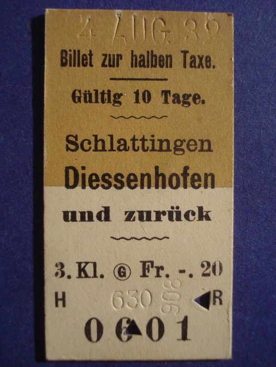 SBB - 4.8.1932 - SCHLATTINGEN - DIESSENHOFEN - 3.Klasse | Kaufen auf Ricardo
