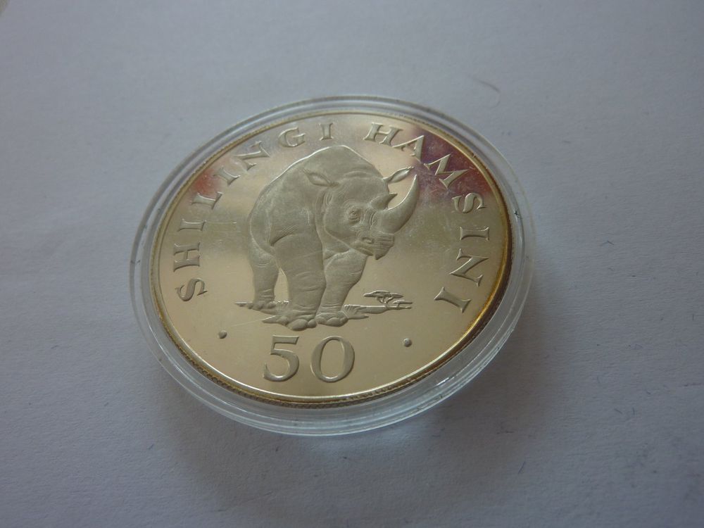 Silbermünze aus Tansania : 50 Shilings Nashorn 1974, WWF PP (Neu und ...