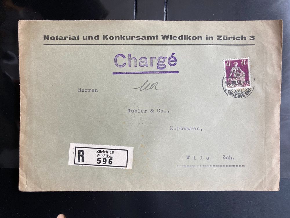 Schweiz 1928 R-Brief Konkursamt Wiedikon ZH 40 Rp.H/Schwert | Kaufen auf Ricardo