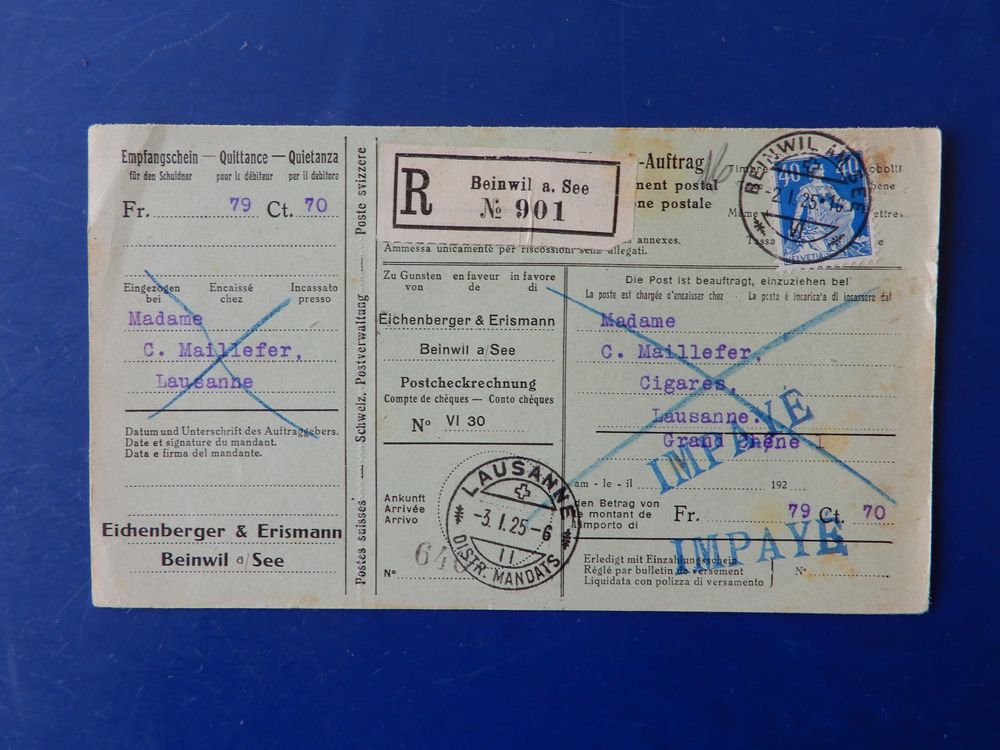 1925, 40 Rp s.H.m.S. R-Einzugsauftrag Eichenberger &Erismann (Gebraucht) in Emmenbrücke für CHF ...