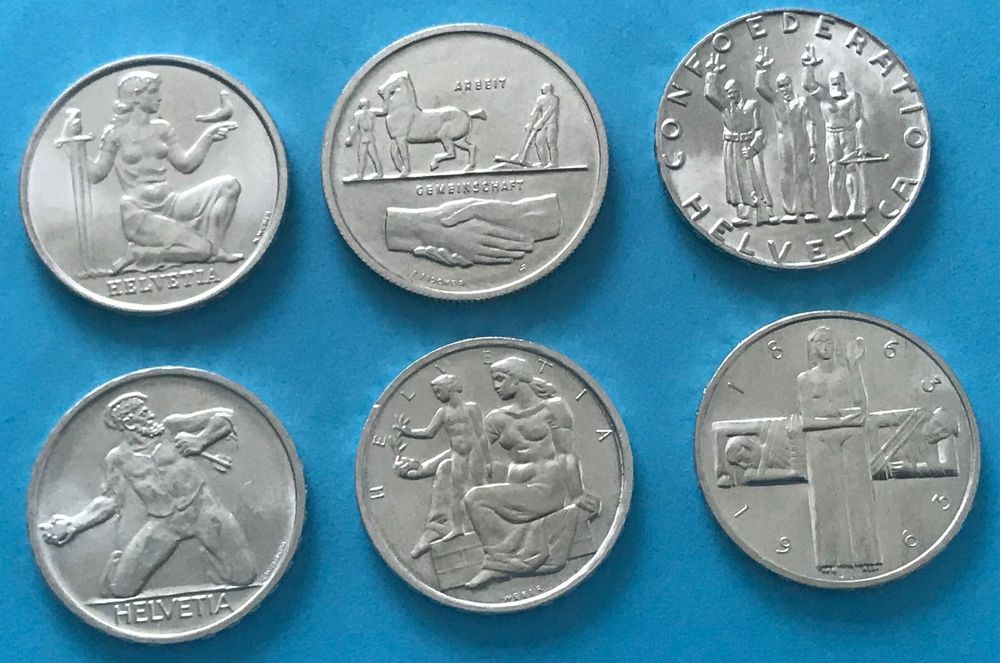6 schöne Schweizer Silber 5 Franken-Gedenkmünzen 1936 - 1963 (Gebraucht) in Zürich für CHF 83 ...
