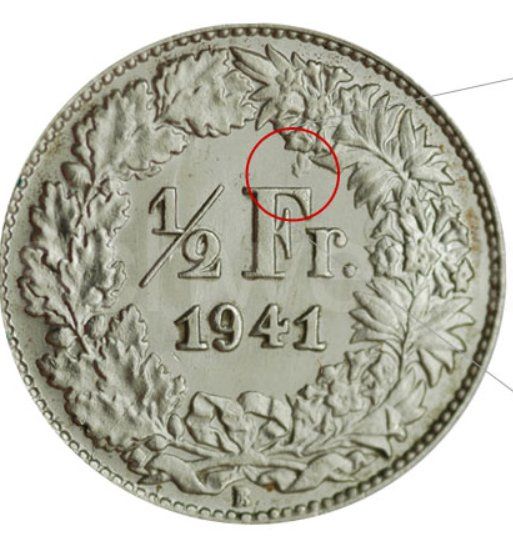 50 Rappen Silber 1941 / Fehlprägung mit Zusatzblatt /3 Stück (Gebraucht) in Au ZH für CHF 19 ...