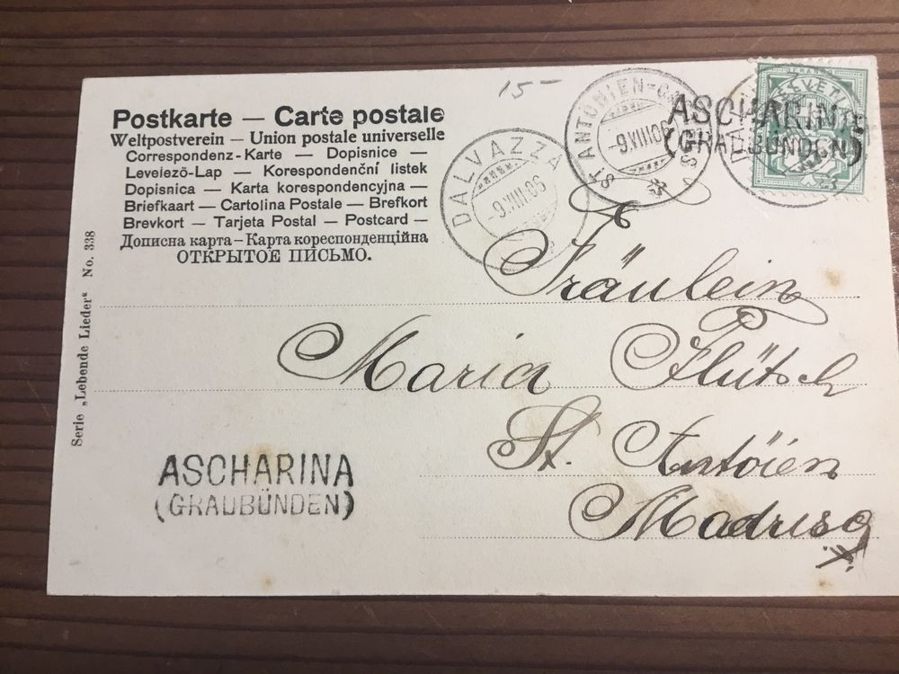 ASCHARINA Graubünden Stabstempel auf AK 1906 (Gebraucht) in Roggwil TG für CHF 53 – mit ...