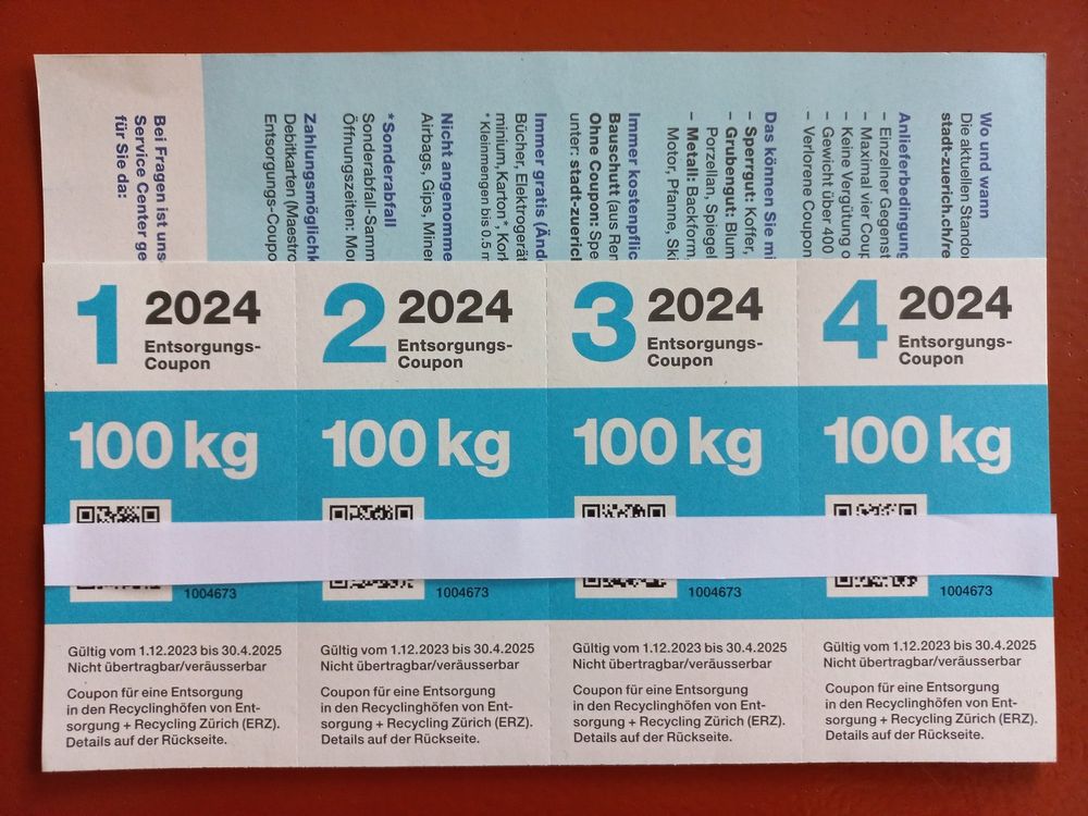 Entsorgungs-Coupons 2024 Stadt Zürich für 4 x 100 Kilo | Kaufen auf Ricardo
