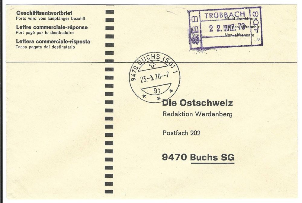 Geschäftsbrief Trübbach Bahnpostst. - Buchs | Kaufen auf Ricardo
