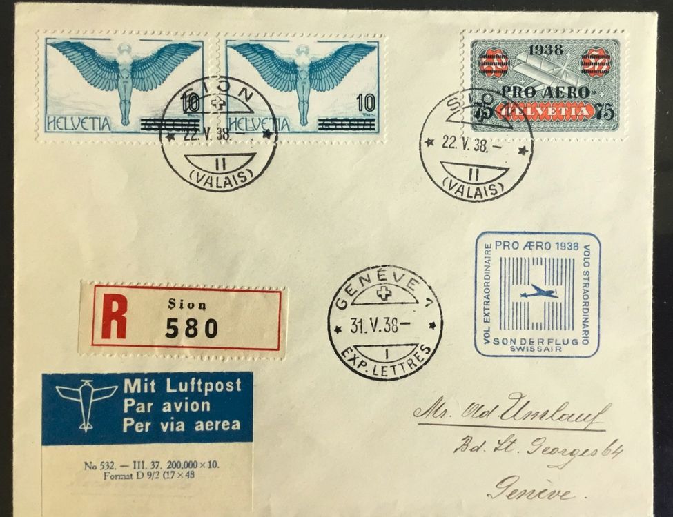 1938, PRO AERO-Sonderflug Sion-Genf, mit Zusatzfrankatur (Gebraucht) in ...