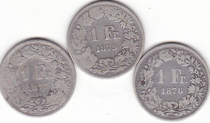 3 Stück uralte Silber 1 Franken Jahrg. 1875 / 1876 / 1877 (Gebraucht) in Schlieren für CHF 15 ...