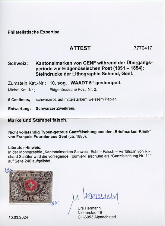 Zst 10 Waadt 5 - Marke und Stempel falsch - Attest Hermann (Gebraucht ...