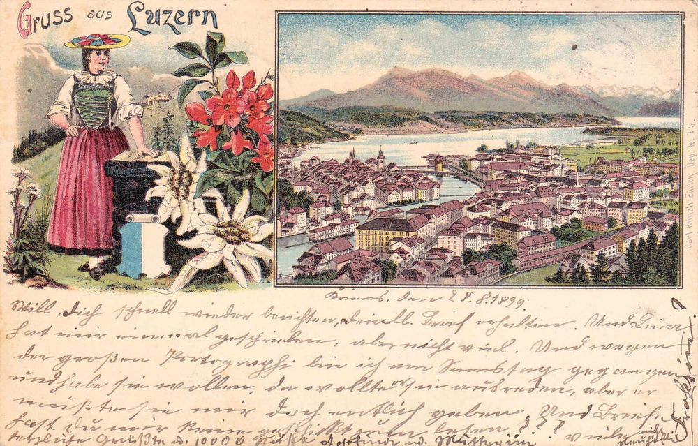 1899, "Gruss aus Luzern", farbige Lithokarte, von Kriens (Gebraucht) in Wenslingen für CHF 5 ...