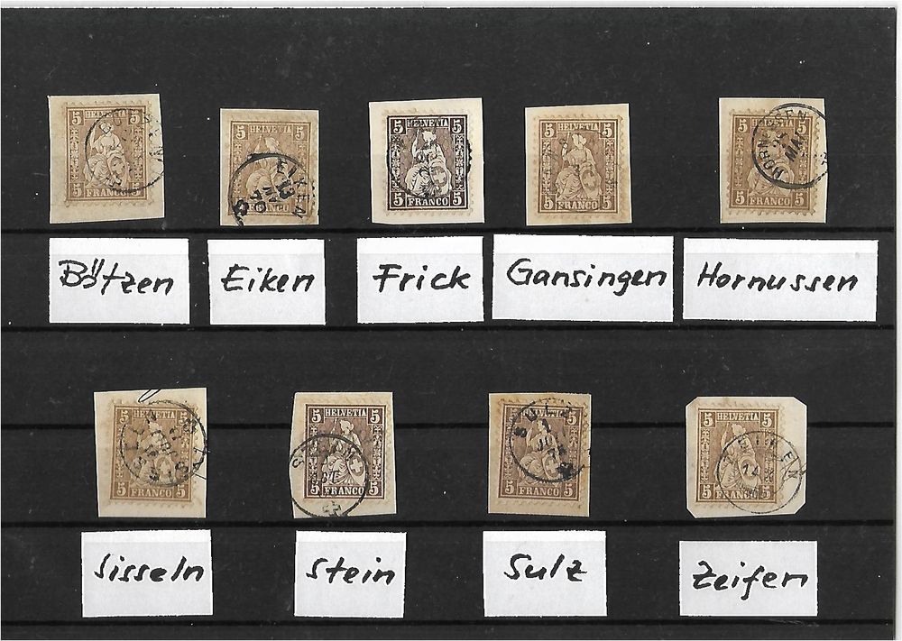 1862: 9 Stk. sitzende Helvetia 5 Rp. mit Fingerhutstempeln (Gebraucht) in Reinach BL für CHF 5 ...