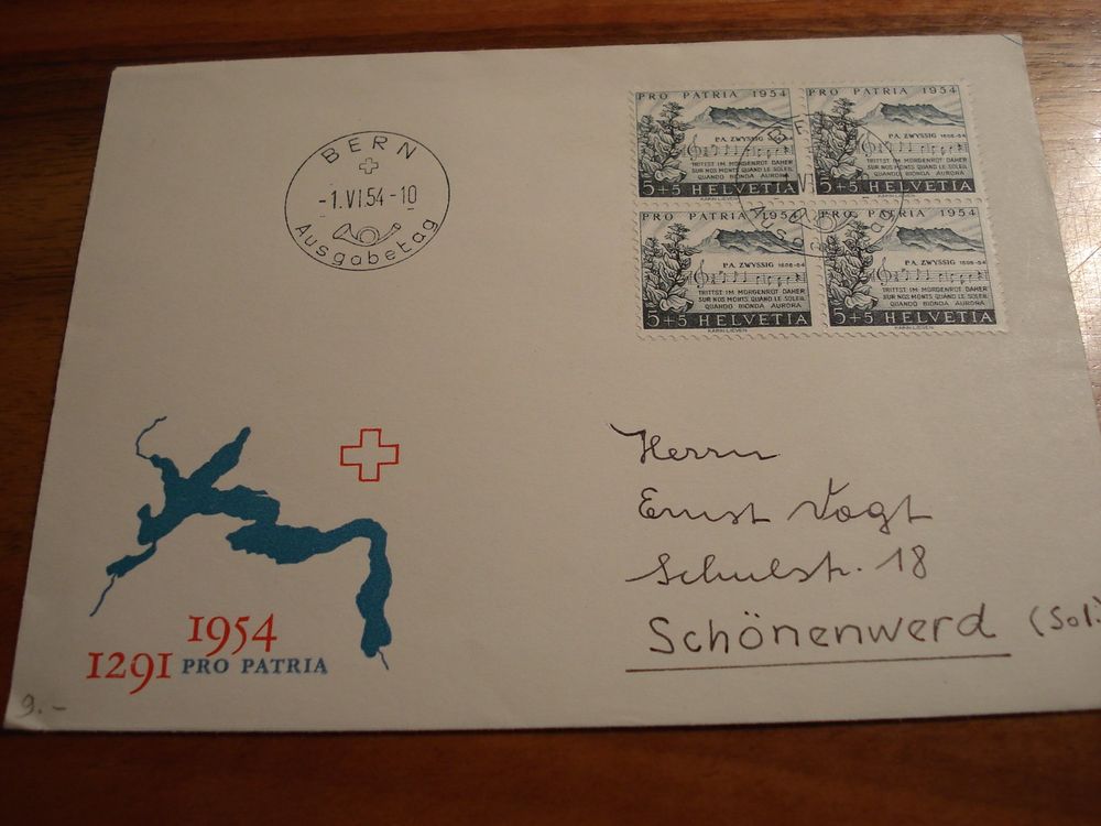 Pro Patria 1954, FDC 4erblock 5 Rappen, Dt Stempel. gelaufen | Kaufen auf Ricardo