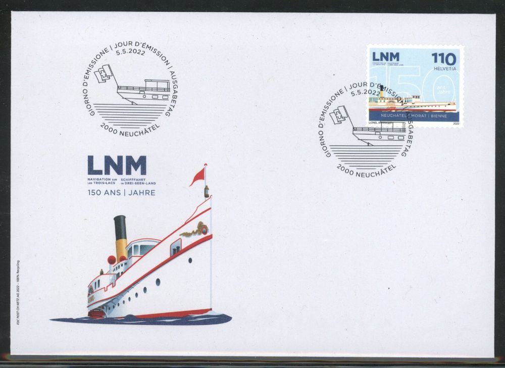 2022, FDC,150 Jahre LNM Schifffahrt im Drei-Seen-Land (1912) (Gebraucht) in Willisau für CHF 1.8 ...