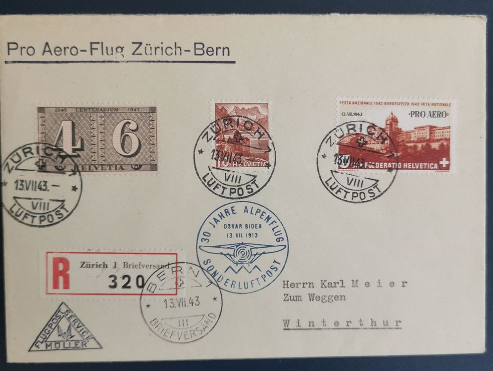 Pro Aero-Flug Zürich-Bern Brief 1943 Sonderflugpost (Gebraucht) in Zumikon für CHF 3 – mit ...