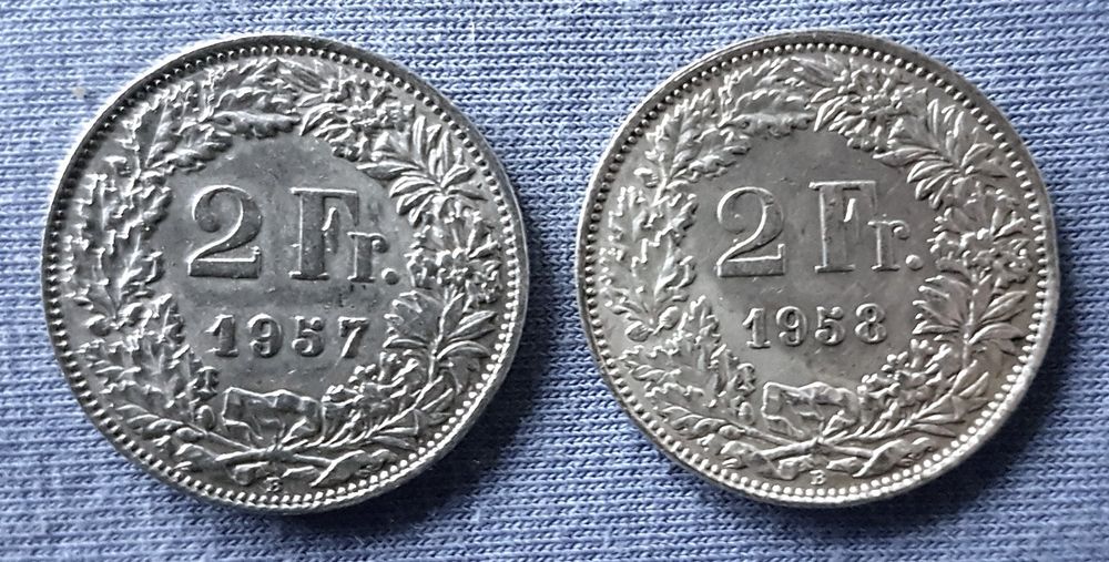 2 x 2 Fr schöne Silbermünzen 50er Jahre 1957-1958 ab 1 Fr !! | Kaufen auf Ricardo