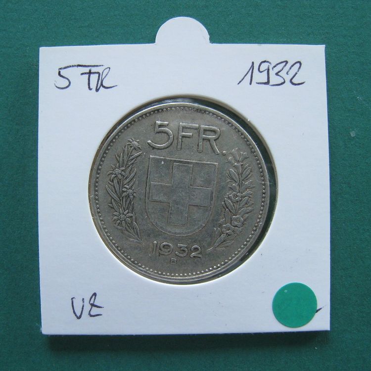 5 Franken 1932, vorzüglich, 835er Silber ( grün ) (Gebraucht) in Alpnach-Dorf für CHF 20 – mit ...