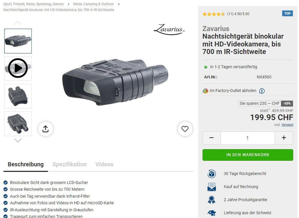 Nachtsichtgerät binokular mit HD-Videokamera (Neu und originalverpackt) in Niederlenz für CHF 85 ...