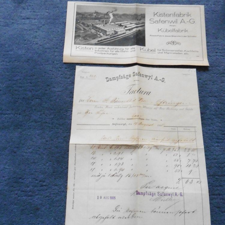 Safenwil,AG,Dampfsäge/Kisten-Fabrik,1905,Foto,Rechnung,Zofin (Gebraucht) in Lausen für CHF 9 ...