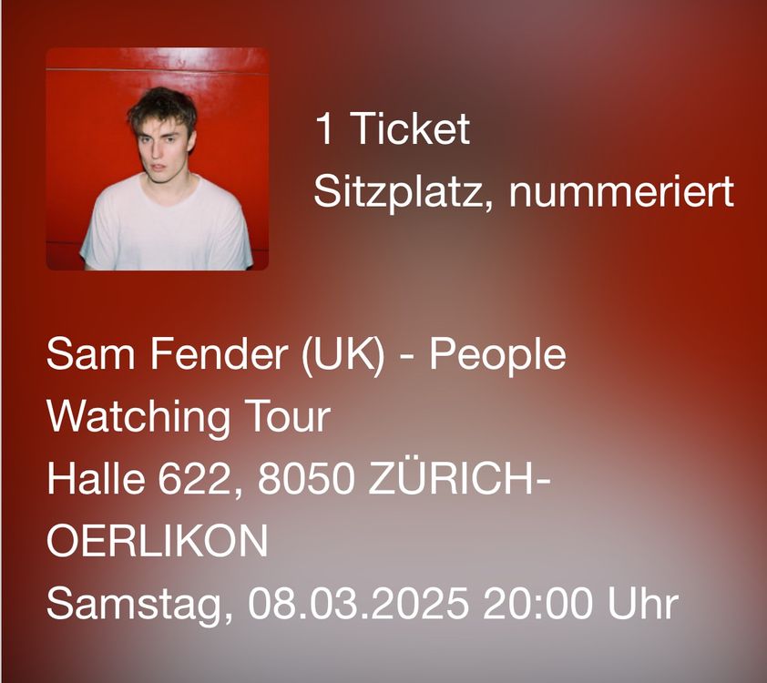 Sam Fender, 08.03.2025 in Zürich, 1 Sitzplatz 1. Reihe (Gebraucht) in ...
