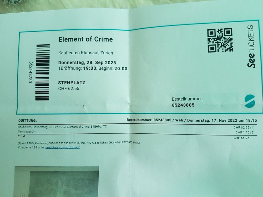 TICKET ELEMENT OF CRIME 28.9.23 | Kaufen auf Ricardo