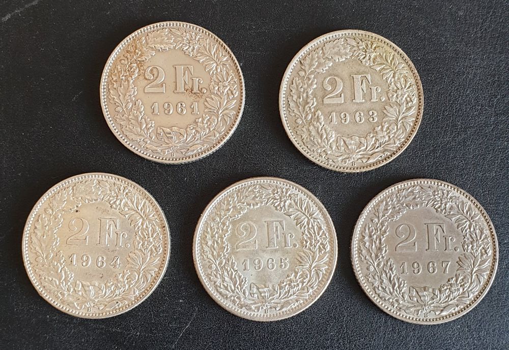 2 Franken Silber Jahrgang 1961, 1963, 1964, 1965, 1967 (Neu (gemäss Beschreibung)) in Altstätten ...
