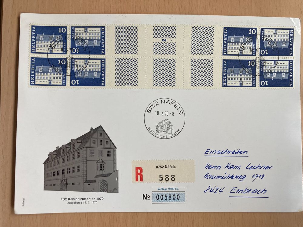 Schweiz 1970 1.Tag-Ortsstempel Näfels Kehrdruck Z-Steg m.Nr (Gebraucht) in Liestal für CHF 5 ...