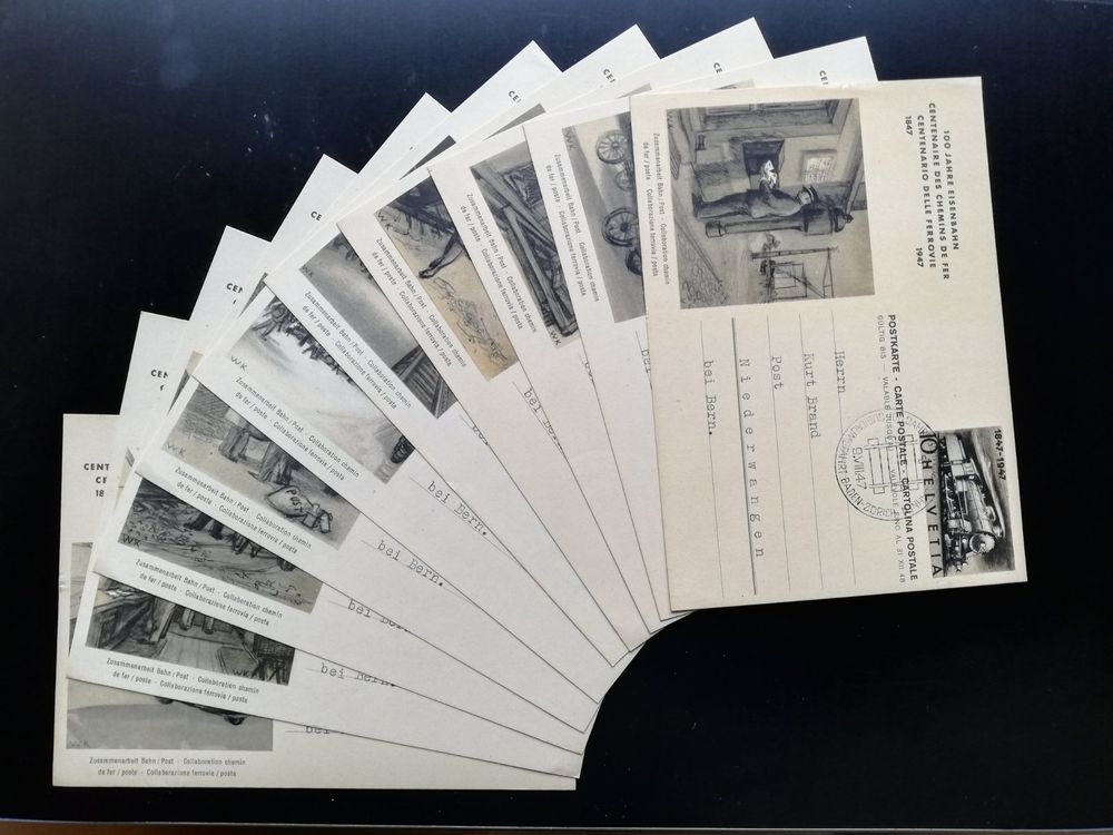 Postkarten 100 Jahre Eisenbahn 1947, Stempel Jubiläumsfahrt (Gebraucht) in Gümligen für CHF 9.5 ...