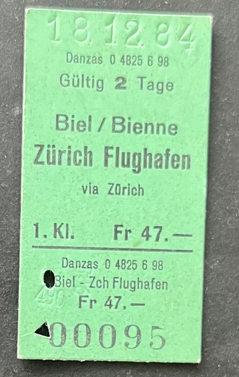 Biel / Bienne Zürich Flughafen / 1. Klasse/ Billett 1984 (Gebraucht) in Wabern für CHF 2 – mit ...