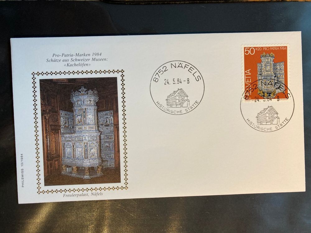 CH 1984 FDC PP 50Rp Kachelofen Freulerpal.Ortsstempel Näfels (Gebraucht) in Liestal für CHF 1 ...