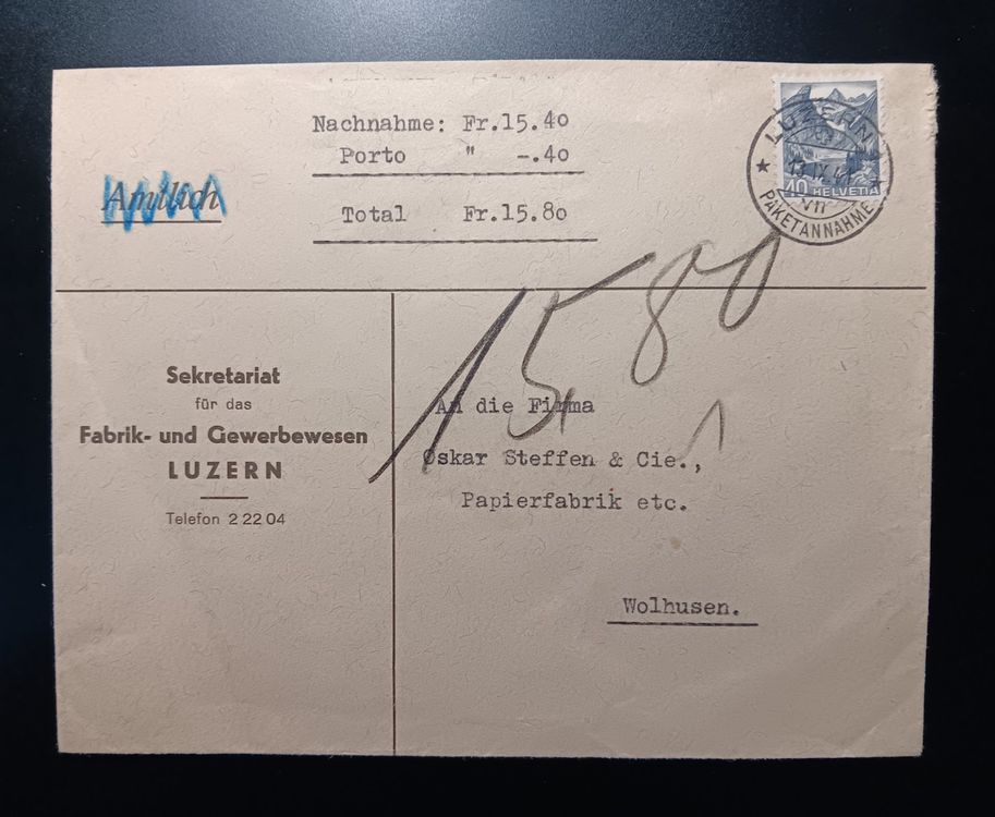 Nachnahmebrief LUZERN - WOLHUSEN 1941 (Gebraucht) in Holderbank AG für CHF 4 – mit Lieferung auf ...