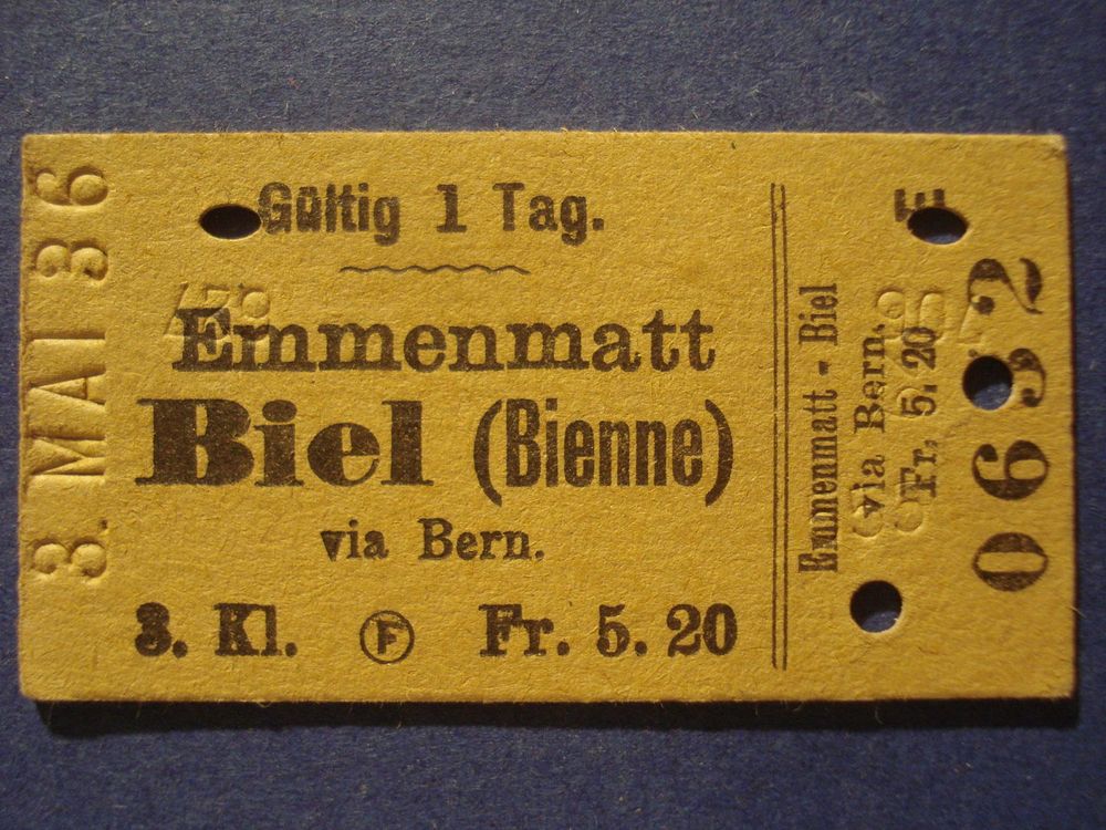 SBB - 3.5.1936 - EMMENMATT - BIEL (Bienne) - 3.Klasse (Gebraucht) in Biel/Bienne für CHF 22 ...
