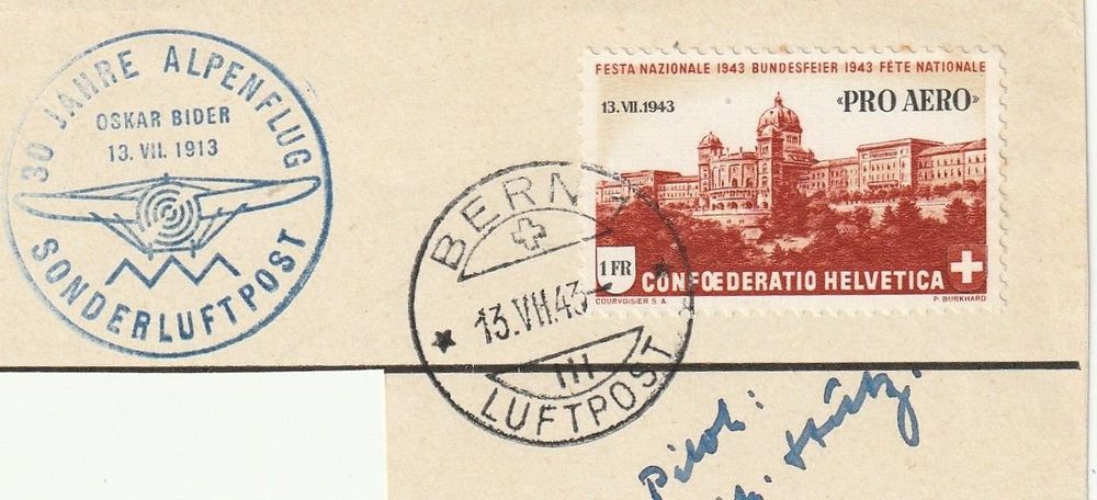 Sondermarke Pro Aero 1943, mit Unterschrift des Piloten, 1.- (Gebraucht) in Turgi für CHF 1 ...